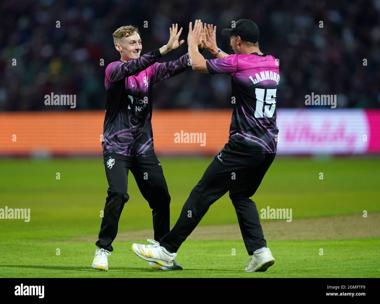 Somerset's Lewis Goldsworthy (left) celebrates with Tom Lammonby after ...