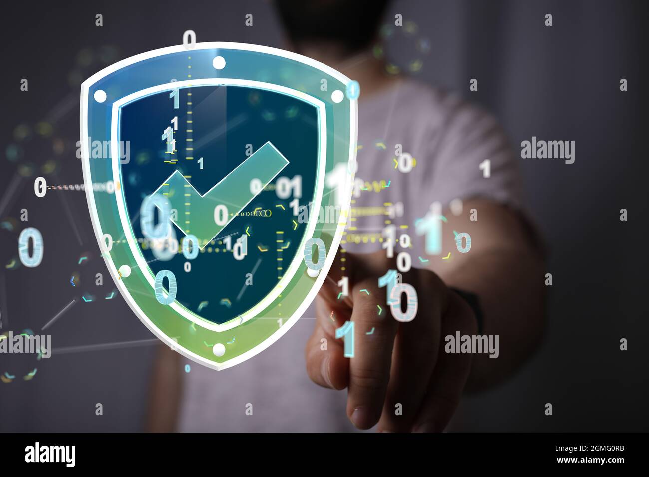 Male hand with 3D render cybersecurity of digital network systems with ...
