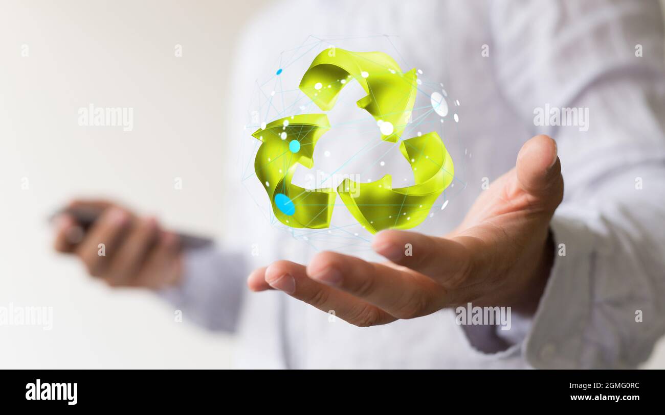 Male hands with 3d rendered of recycling green symbol with graphics on ...