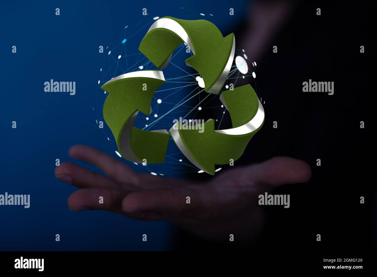 Male hands with 3d rendered of recycling green symbol with graphics on ...