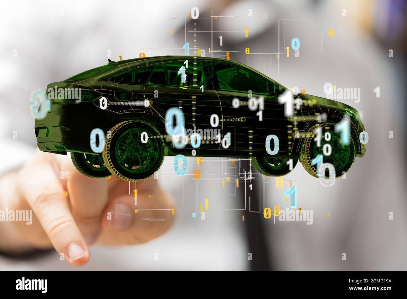 Male hands with 3d render of autonomous driving with an electric car ...
