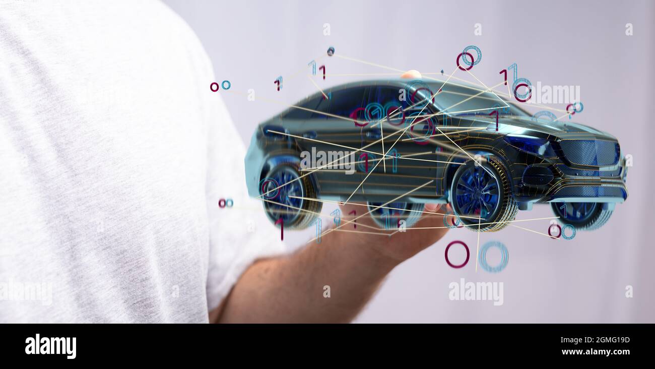 Male hands with 3d render of autonomous driving with an electric car ...