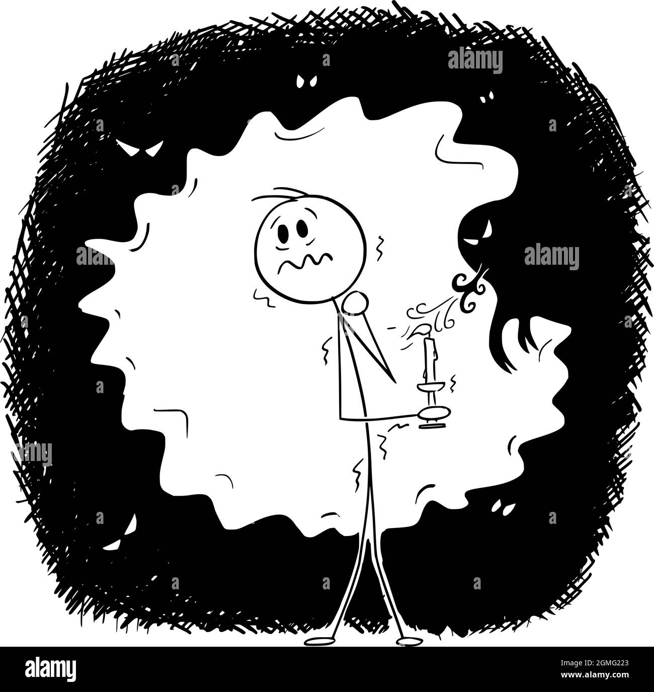 Frightened Man in Dark With Ghosts and Monsters Holding Candle, Vector ...