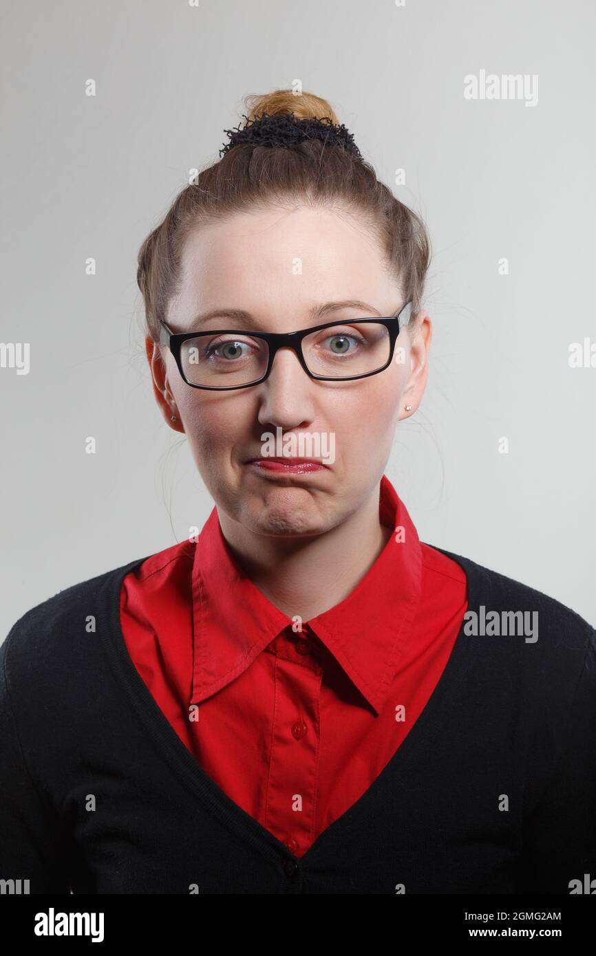 Portrait of displeased upset female frowns face. Dissapointed young ...