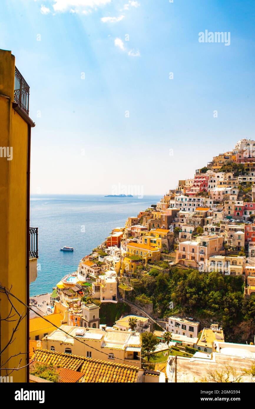 Colorful houses dot the hillside above the sea in Positano, Italy Stock ...
