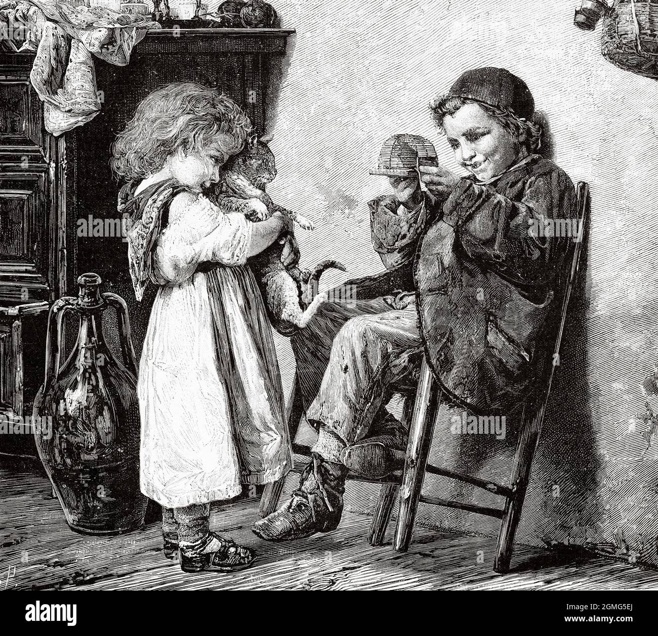 Mouse caught in a trap, painting by Antonio Rotta (1828-1903) was an ...