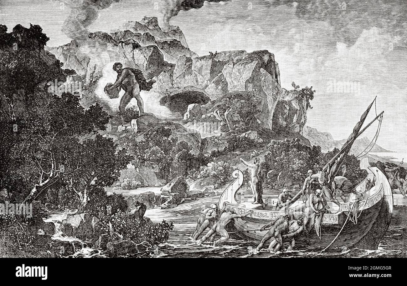 Odysseus and Polyphemus. Ulysses in the Land of the Cyclops. Old 19th ...