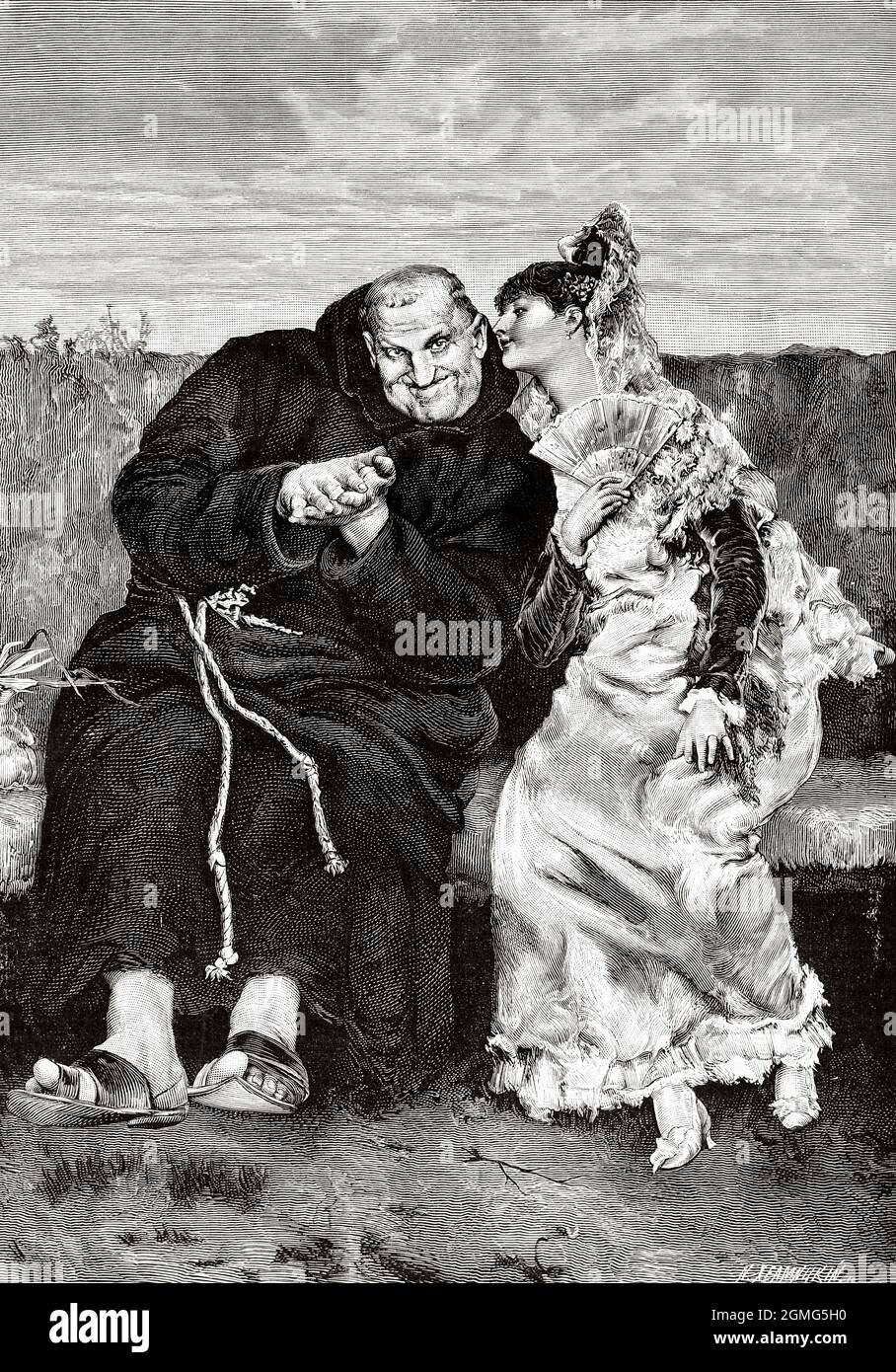 Confession of a young woman to a friar in the open air, painting by ...