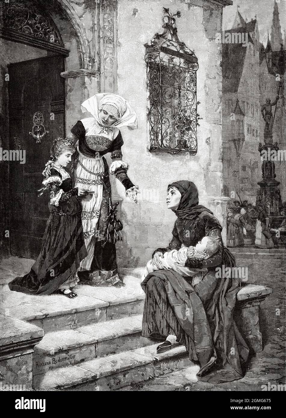 To feed the hungry. The charity. A girl gives alms to a poor woman in ...