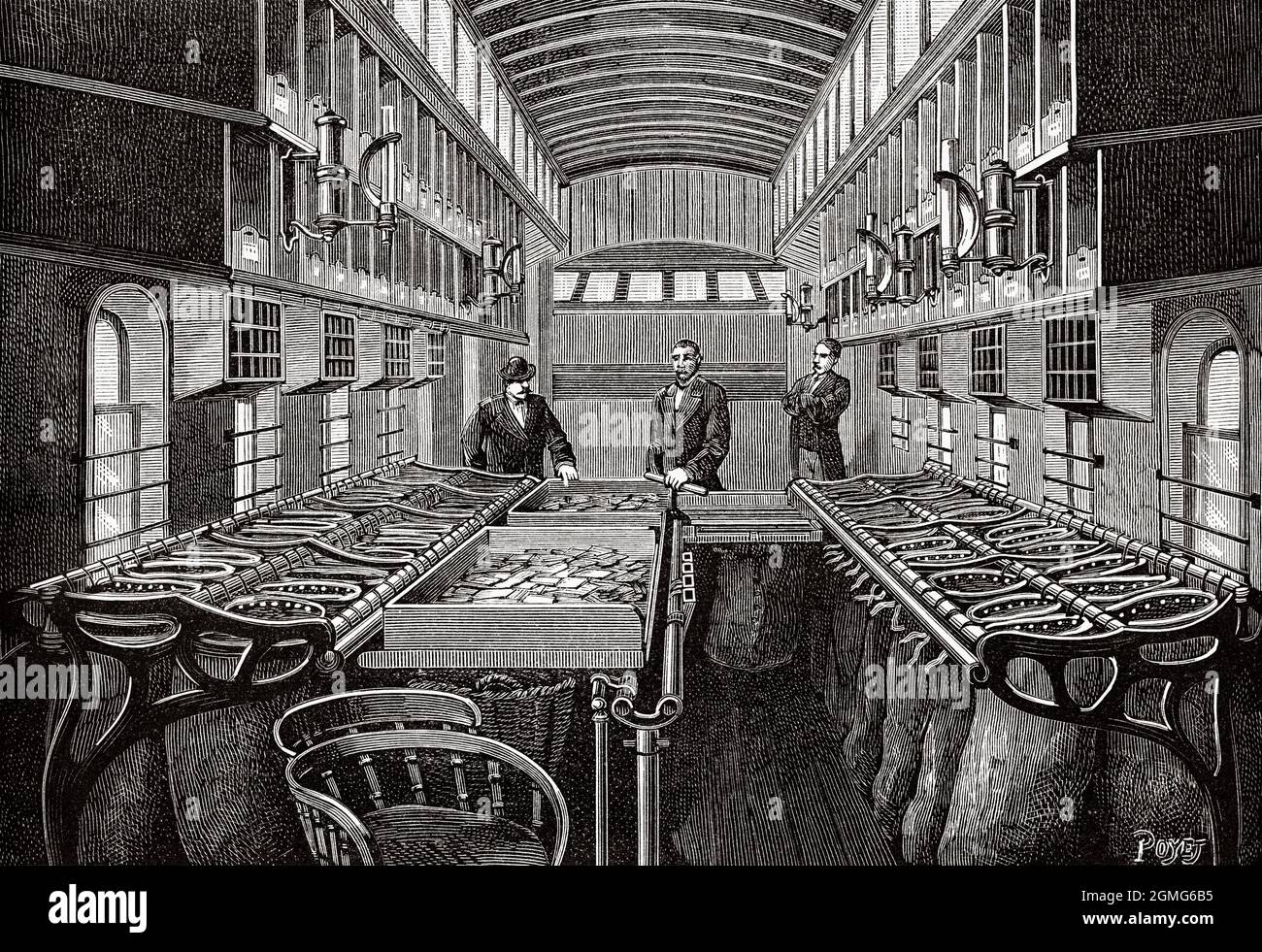Interior of an itinerant post office in the United States. Old 19th ...