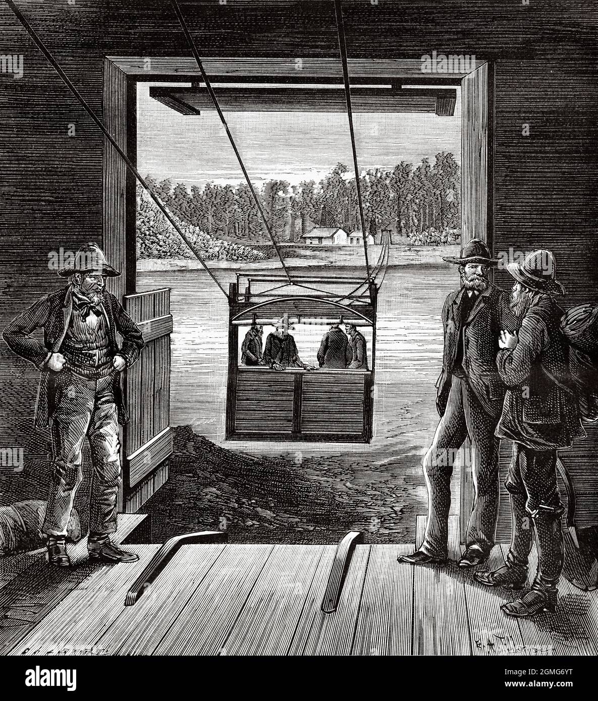 Wire Bridge. Aerial wagon sliding on metal cables, established for the ...