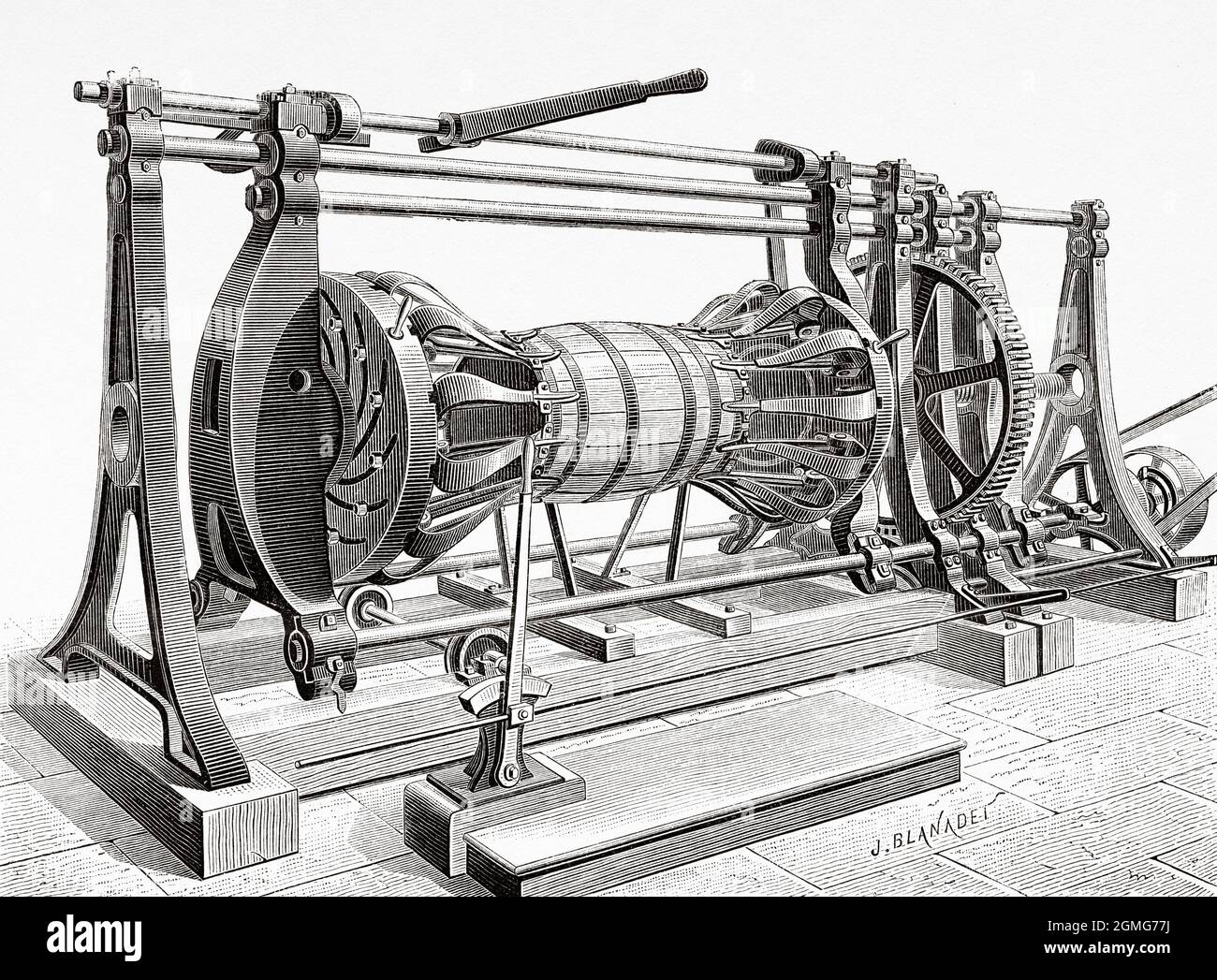 Barrel making tools. American machine for strapping barrels. Old 19th ...