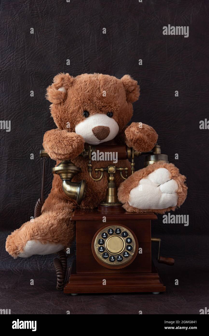 Teddy bear sits hugging vintage telephone on dark sofa Stock Photo - Alamy
