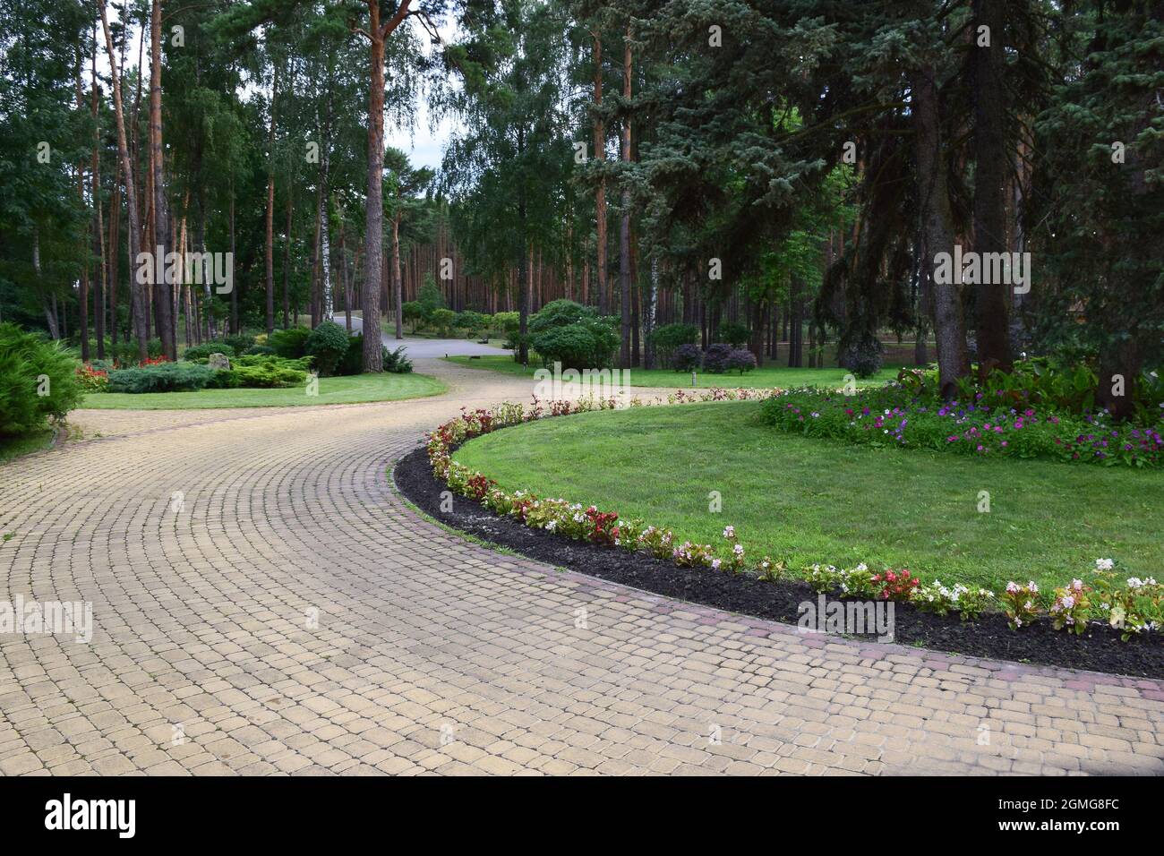 Summer path in the park, lined with paving slabs. Flowers and bushes ...