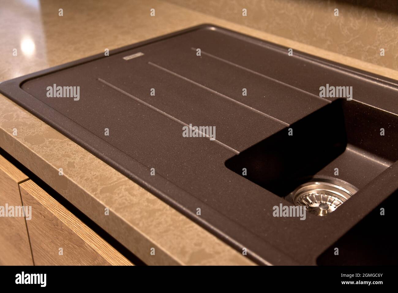 Interior of luxurious modern kitchen and acrylic sink and drain Stock ...