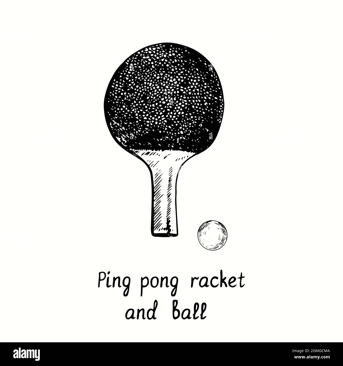 Ping pong racket and ball. Ink black and white doodle drawing in ...
