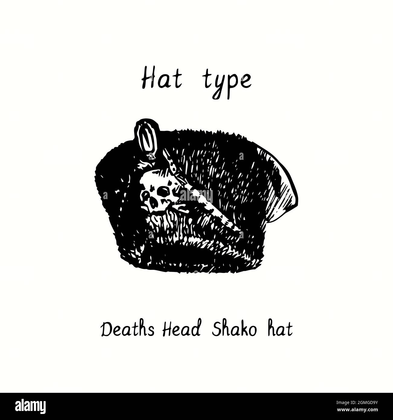 Hat type, Deaths head Shako hat. Ink black and white drawing outline ...
