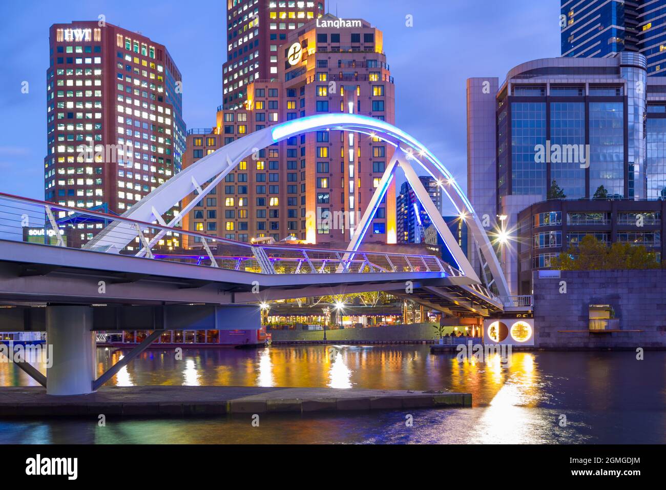 The Cty of Melbourne, Australia, seen from the Yarra River with the ...