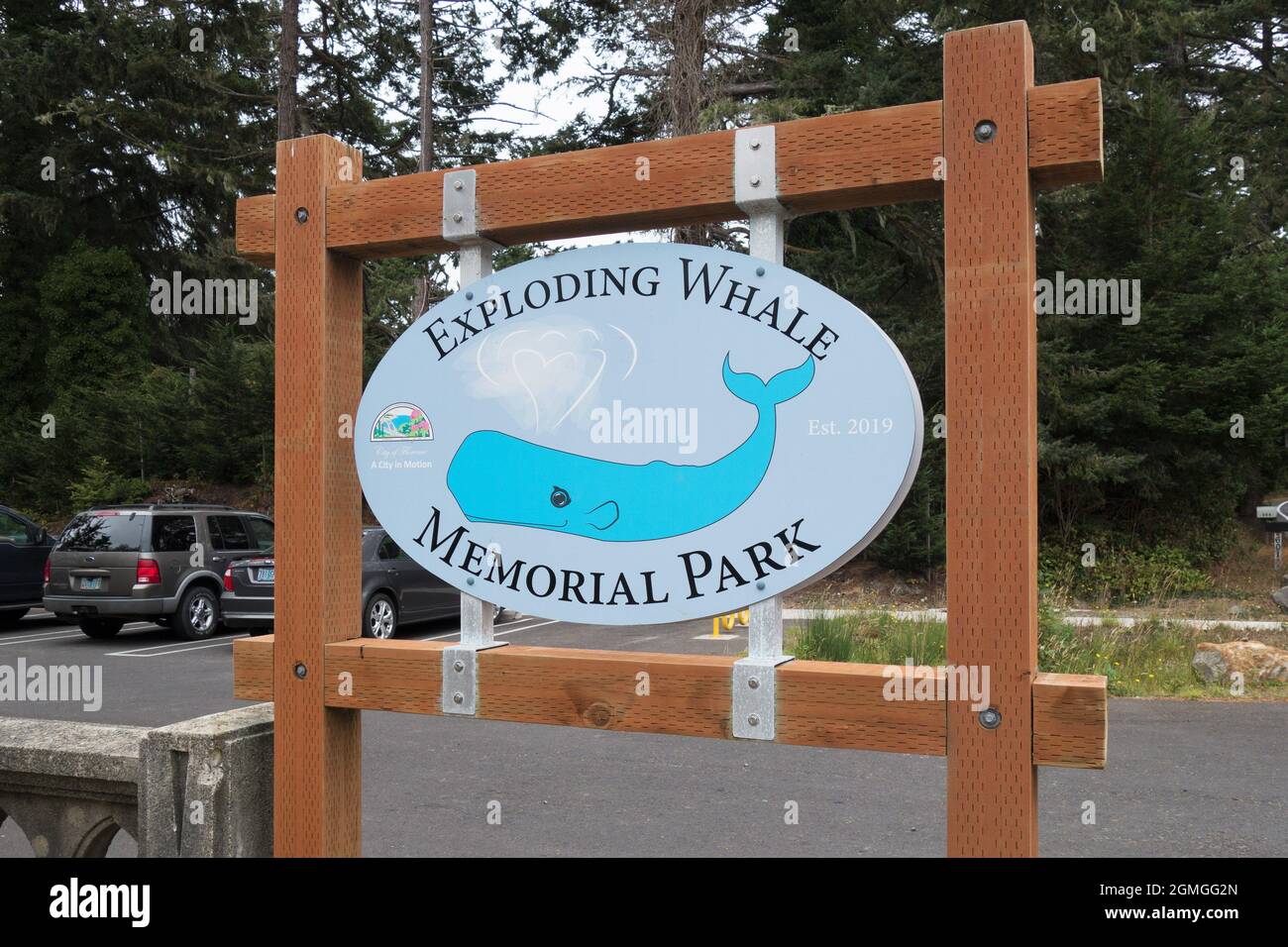 Sign at the entrance to Exploding Whale Memorial Park in Florence ...