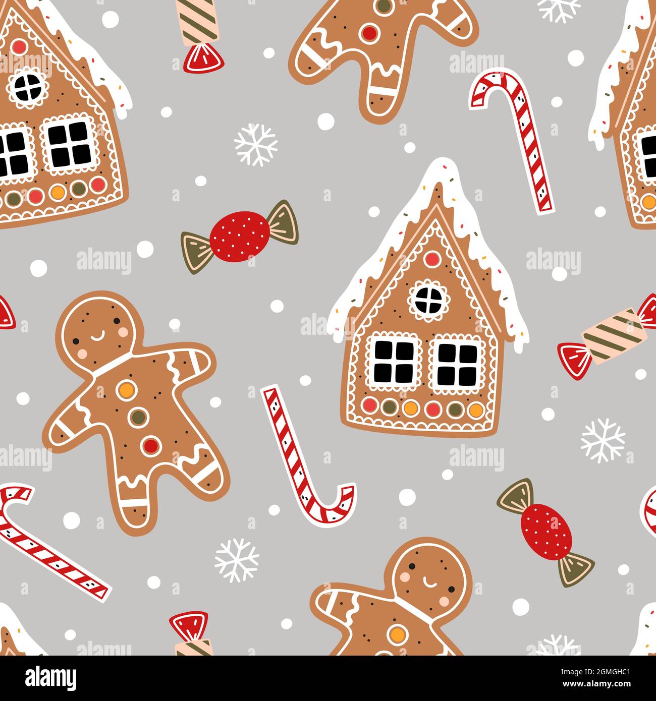 Christmas seamless pattern. Gingerbread man, candy cane, gingerbread ...