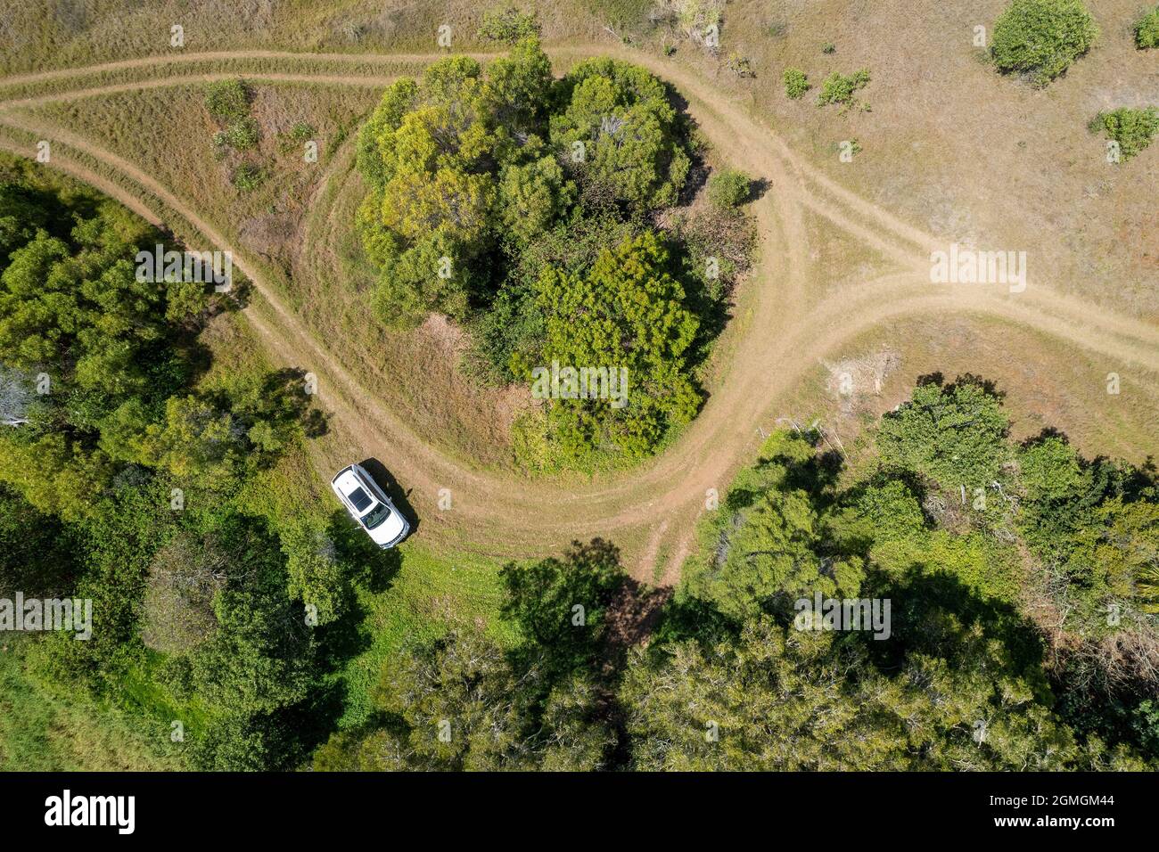 Top down view of a white car with sunroof parked amongst bushland with ...