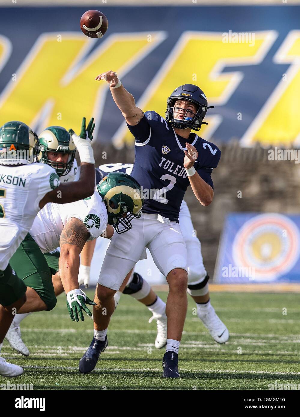 Toledo, OH, USA. 18th Sep, 2021. Toledo QB Carter Bradley #2 throws the ...