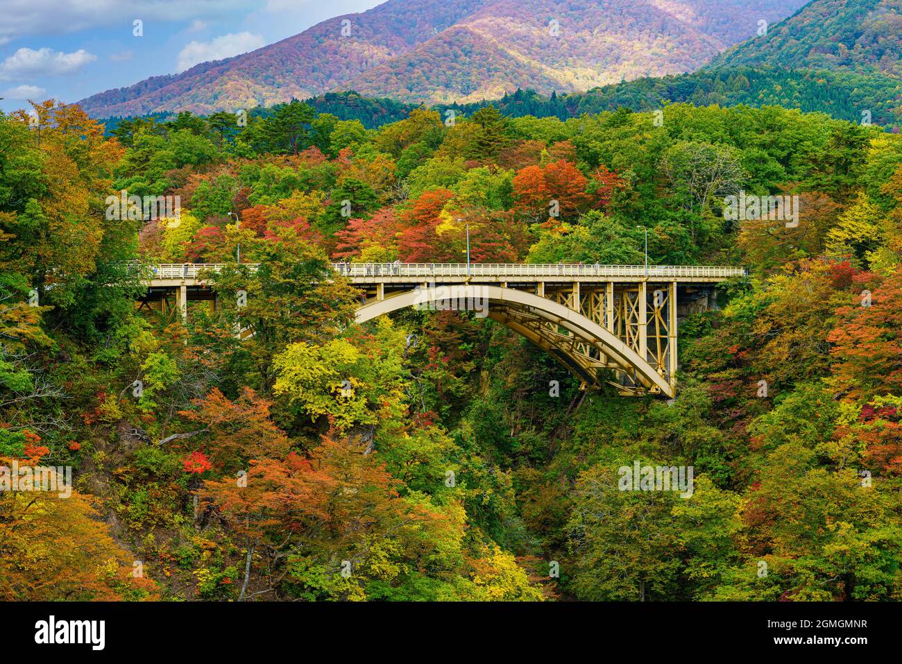 The Ofukazawa bridge spans Naruko Gorge from Narukokyo Resthouse during ...