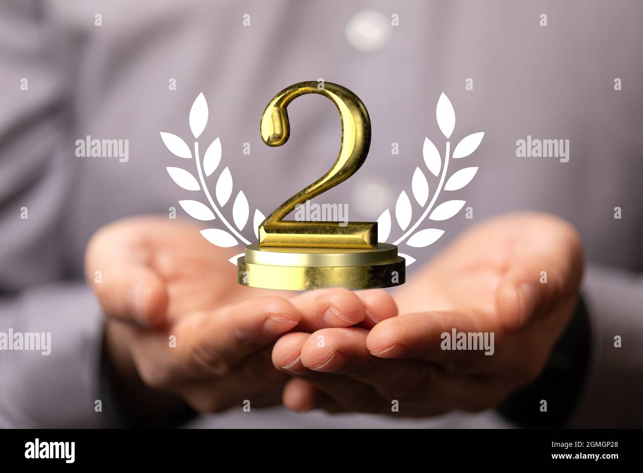 A 3D rendering of a digital number 2 with wheat grains on human hands ...