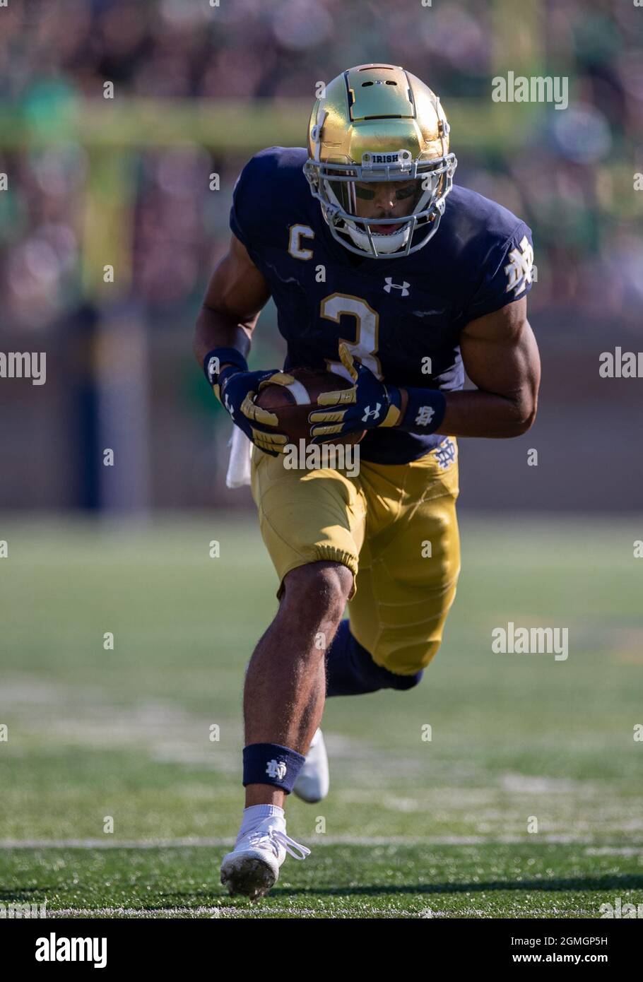 South Bend, Indiana, USA. 18th Sep, 2021. Notre Dame wide receiver Avery Davis (3) runs with the ...