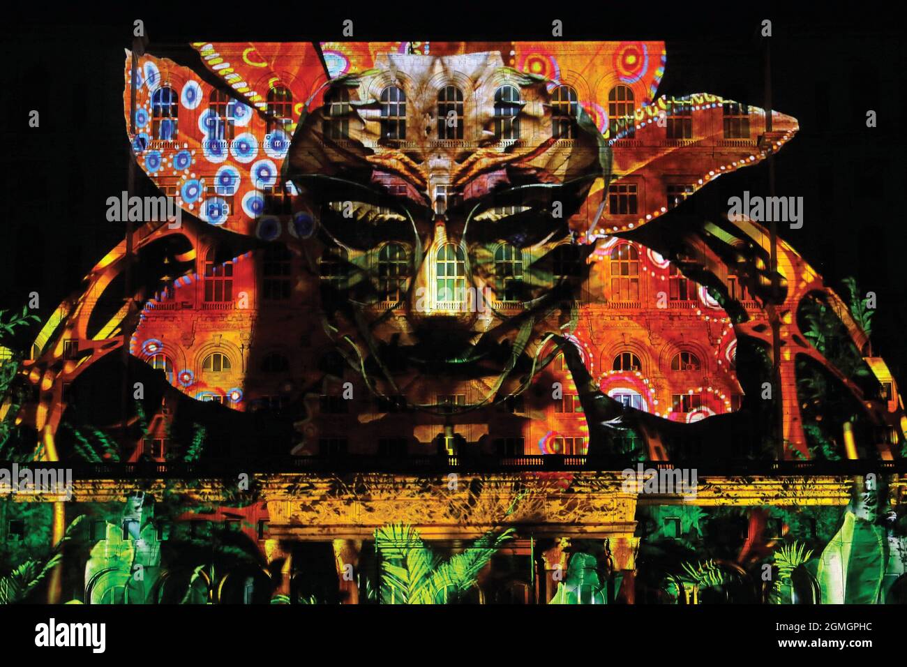 Bucharest, Romania. 18th Sep, 2021. A projection is seen on the facade of Romania's Parliament ...