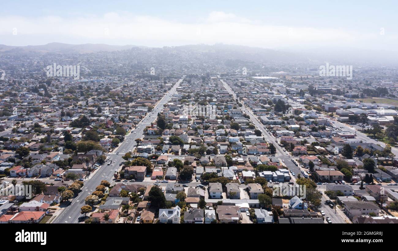 Daytime aerial view of dense residential sprawl in the Bay Area city of ...