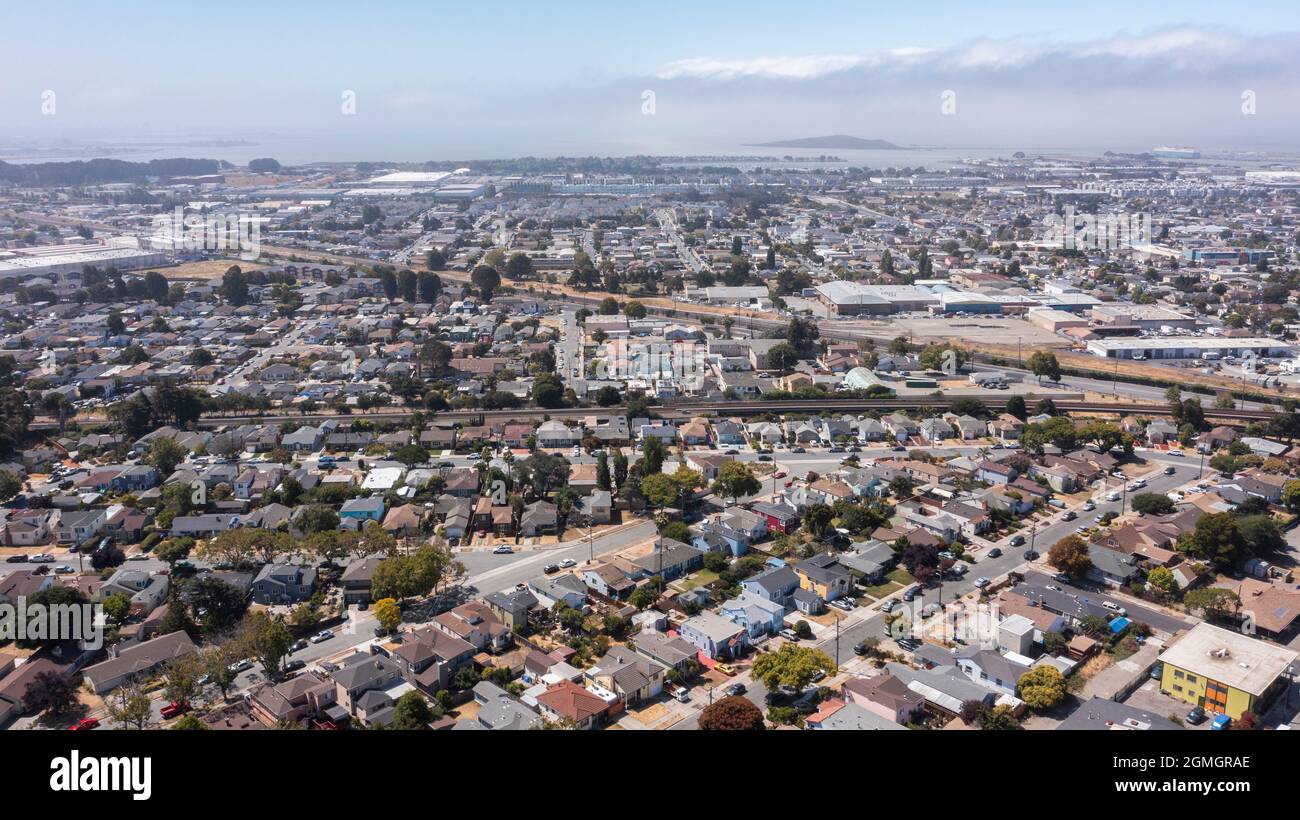 Daytime aerial view of dense residential sprawl in the Bay Area city of ...