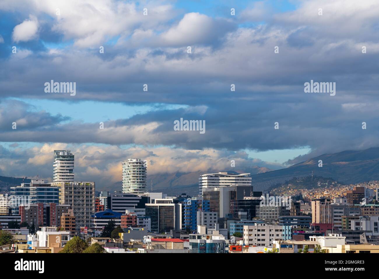 Quito aerial cityscape with modern skyscrapers at sunrise, Quito ...