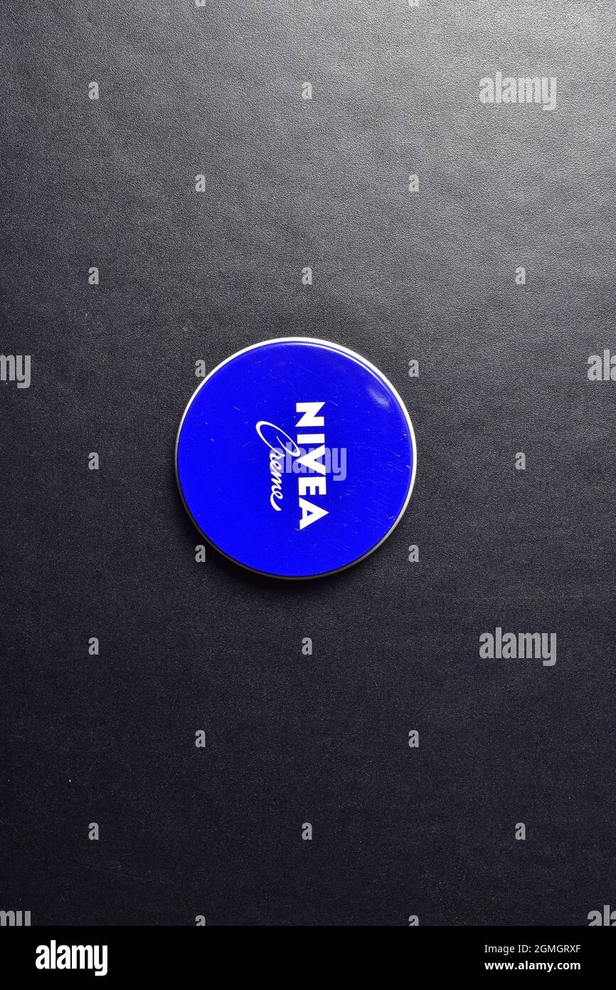 New Delhi, India, 10 November 2019:- Blue Nivea Cream container on dark ...