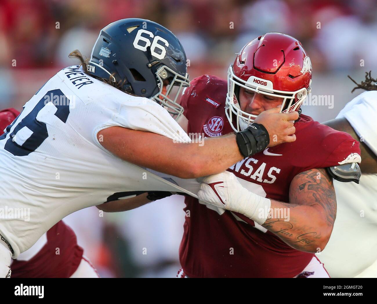 September 18, 2021: Arkansas defensive lineman John Ridgeway #99 works ...