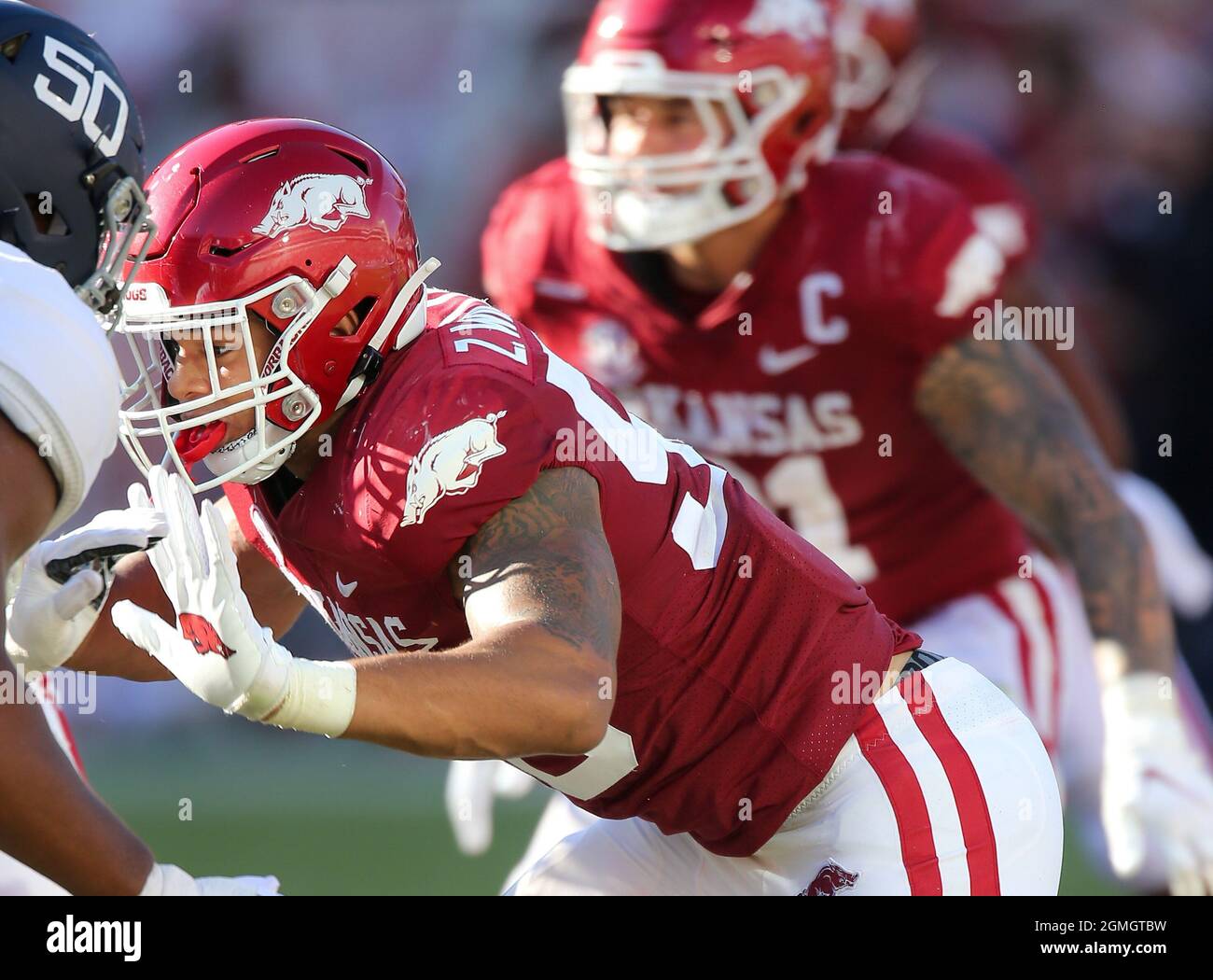 September 18, 2021: Zach Williams #56 Arkansas defensive lineman rushes ...