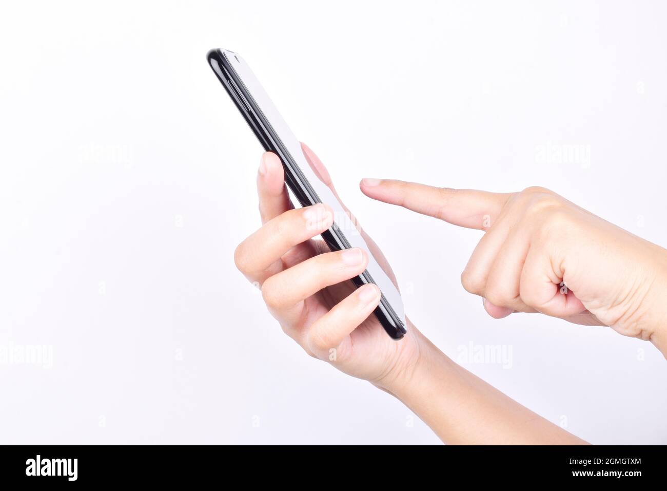 hand holding smartphone isolated on white background, finger pointing ...