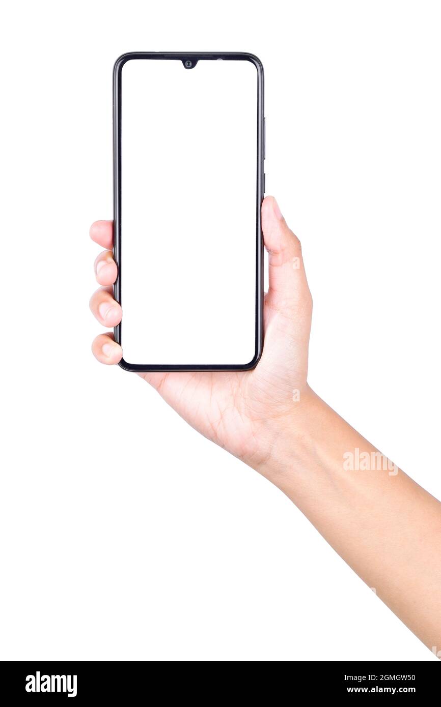 blank screen smartphone in woman's hand isolated on white background ...