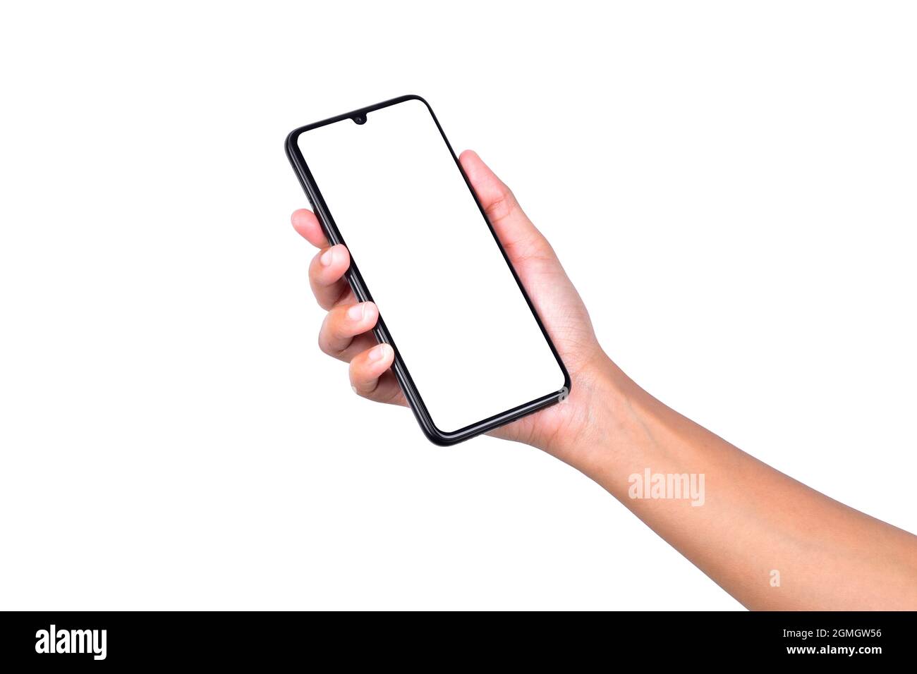 hand holding modern bezel less smartphone with blank screen isolated on ...