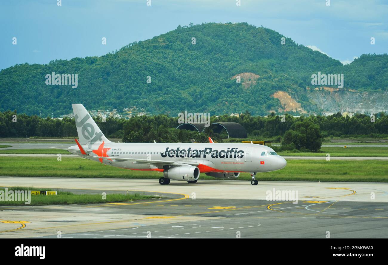 Da Nang, Vietnam - Jul 23, 2018. Jetstar Pacific airplane landing at Da ...