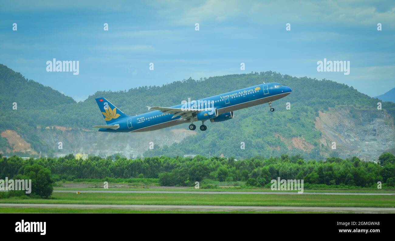 Da Nang, Vietnam - Jul 23, 2018. Vietnam Airlines airplane taking-off ...