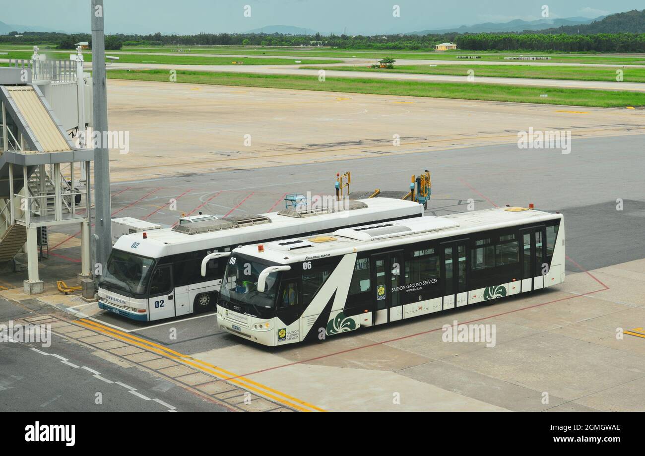 Da Nang, Vietnam - Jul 23, 2018. Passenger buses waiting at the ...