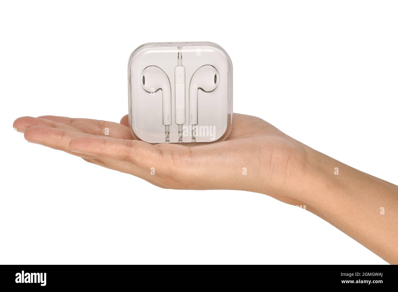 earphone in box isolated on white background Stock Photo - Alamy