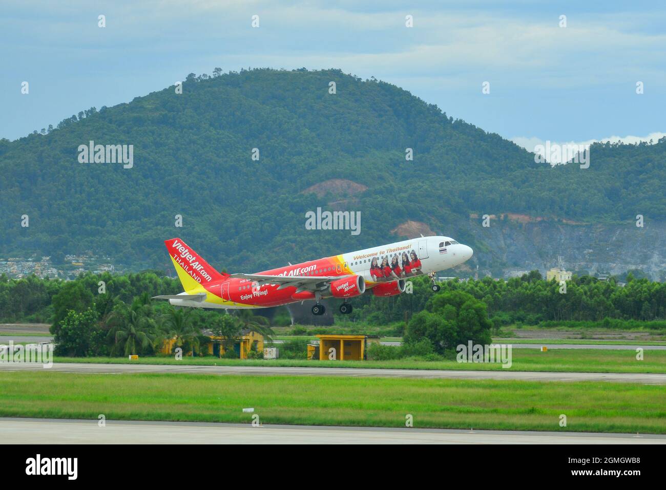 Da Nang, Vietnam - Jul 23, 2018. VietjetAir airplane taking-off from Da ...