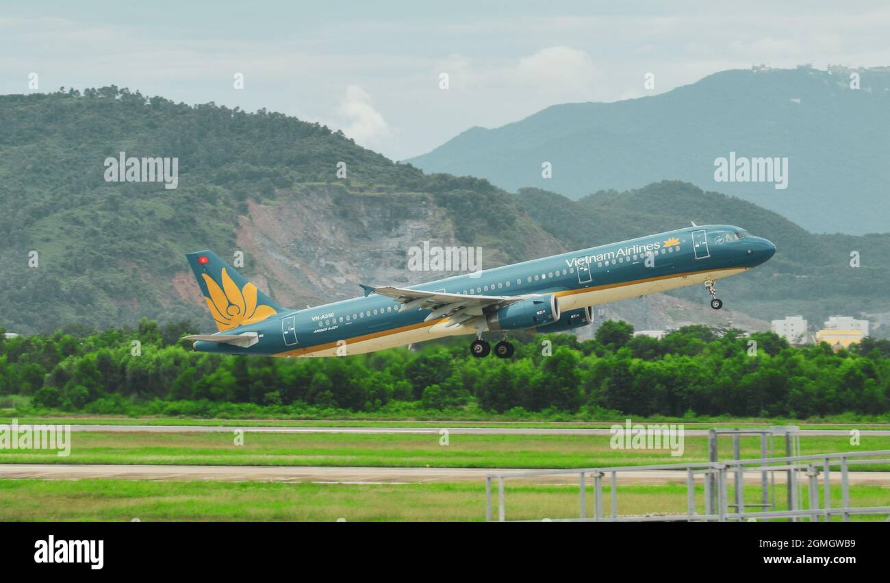 Da Nang, Vietnam - Jul 23, 2018. Vietnam Airlines airplane taking-off ...