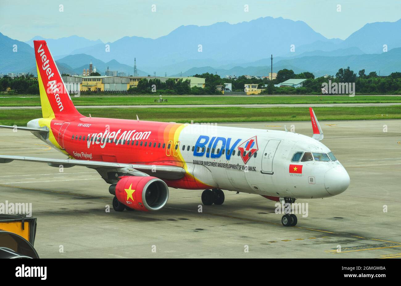 Da Nang, Vietnam - Jul 23, 2018. VietjetAir airplane landing at Da Nang ...