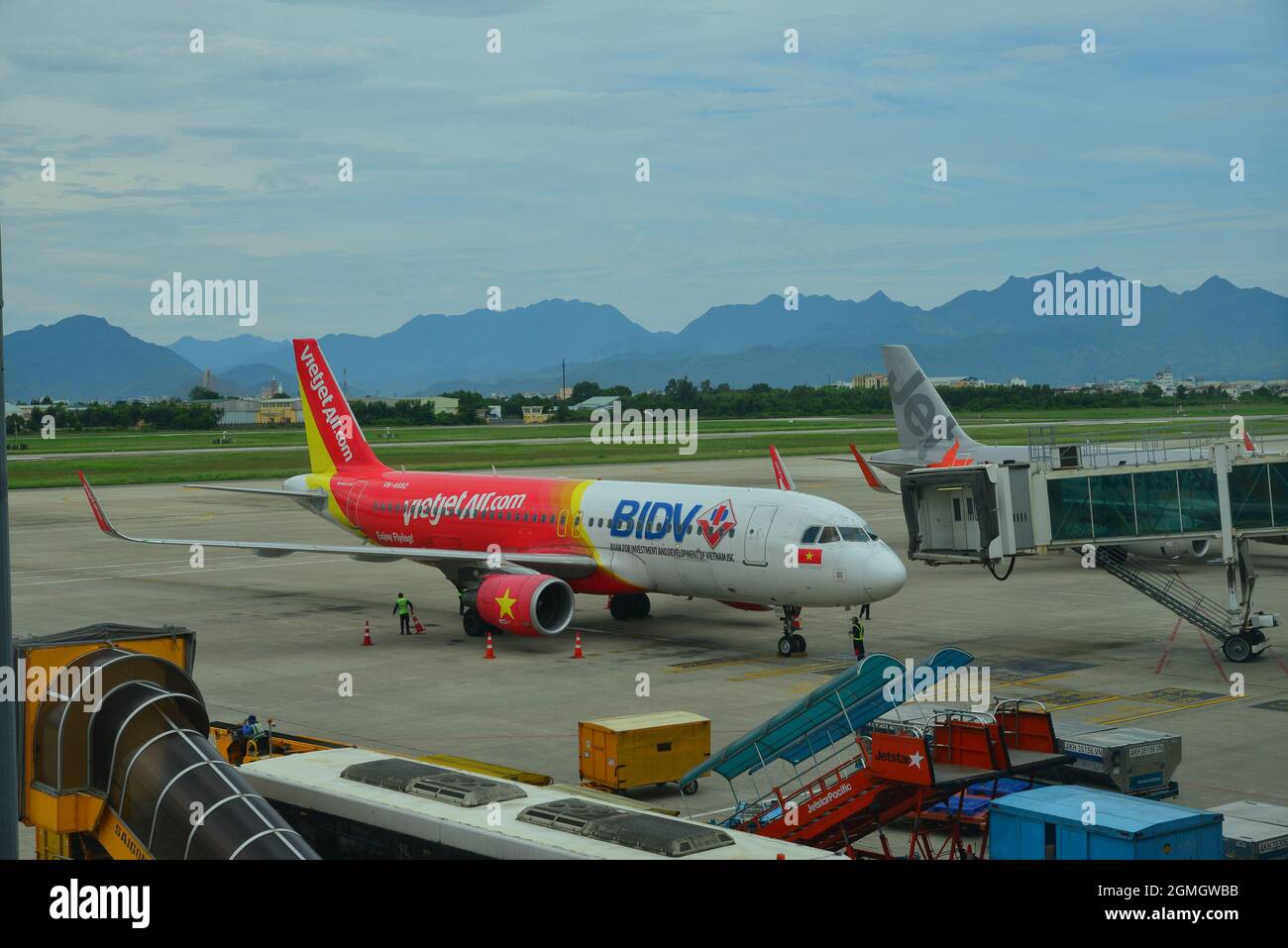 Da Nang, Vietnam - Jul 23, 2018. VietjetAir airplane landing at Da Nang ...