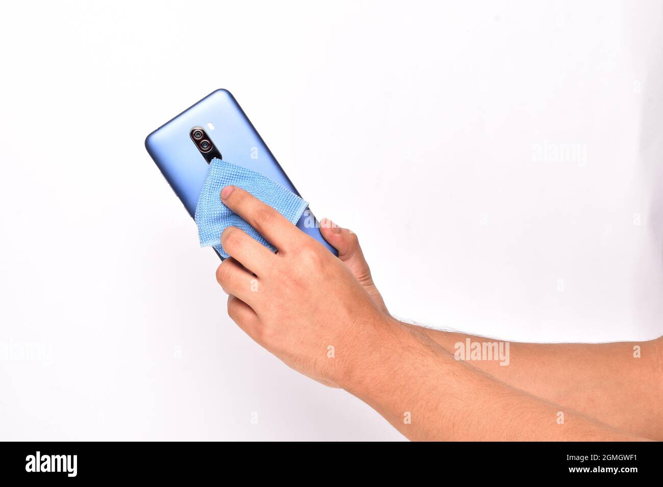 Wiping Smartphone with Cloth Isolated on White Background Stock Photo ...