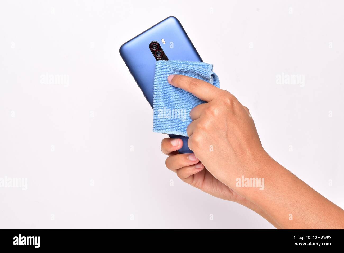Hand Wiping Smartphone with Microfiber Cloth Isolated on White ...