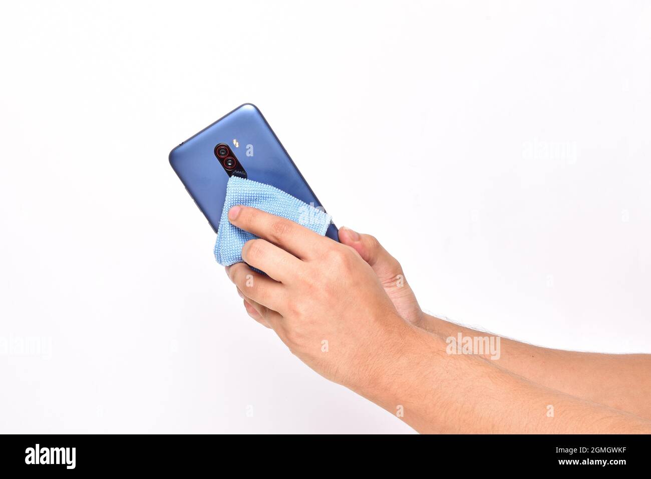 Cleaning Smartphone with Microfiber Cloth Isolated on White Background ...